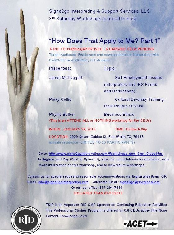 3rd Saturday Interpreter Workshop 1/19/13 – DFW – Deaf Network of Texas