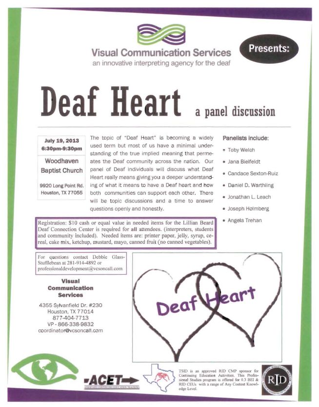 Deaf Heart Panel Discussion 7/19/13 – Houston – Deaf Network of Texas