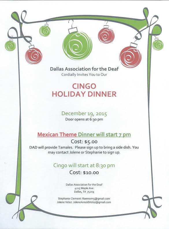 Dallas Deaf Club Holiday Dinner & CINGO 12/19/15 – Deaf Network of Texas