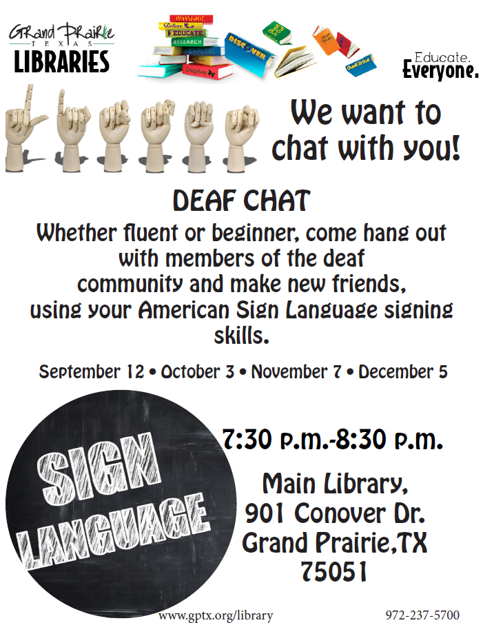 Deaf Chat Library 9/12/16 – Grand Prairie – Deaf Network of Texas