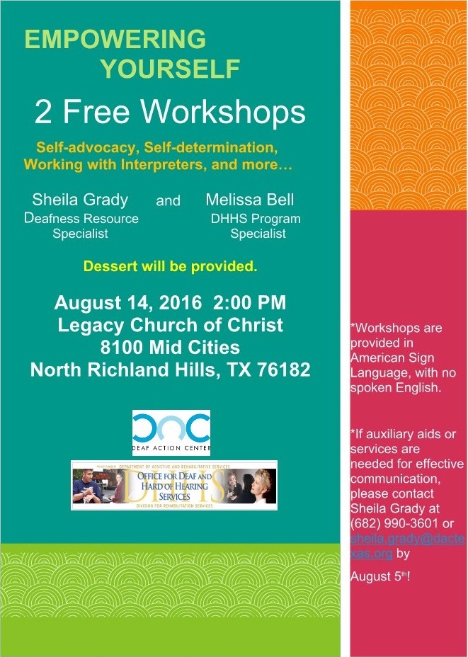 Empowering Yourself Workshop 8/14/16 – DFW – Deaf Network of Texas