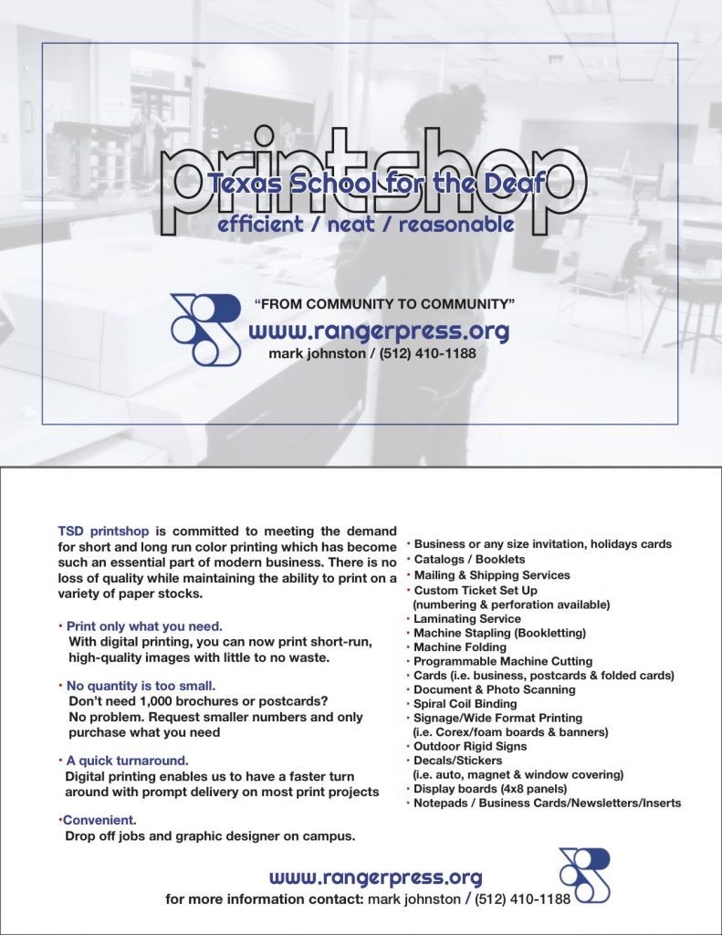TSD Print Shop – Ranger Press – Deaf Network of Texas