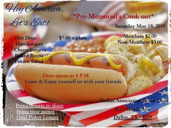 Memorial’s Cookout at Dallas Deaf Club 5/18/19 – Deaf Network of Texas