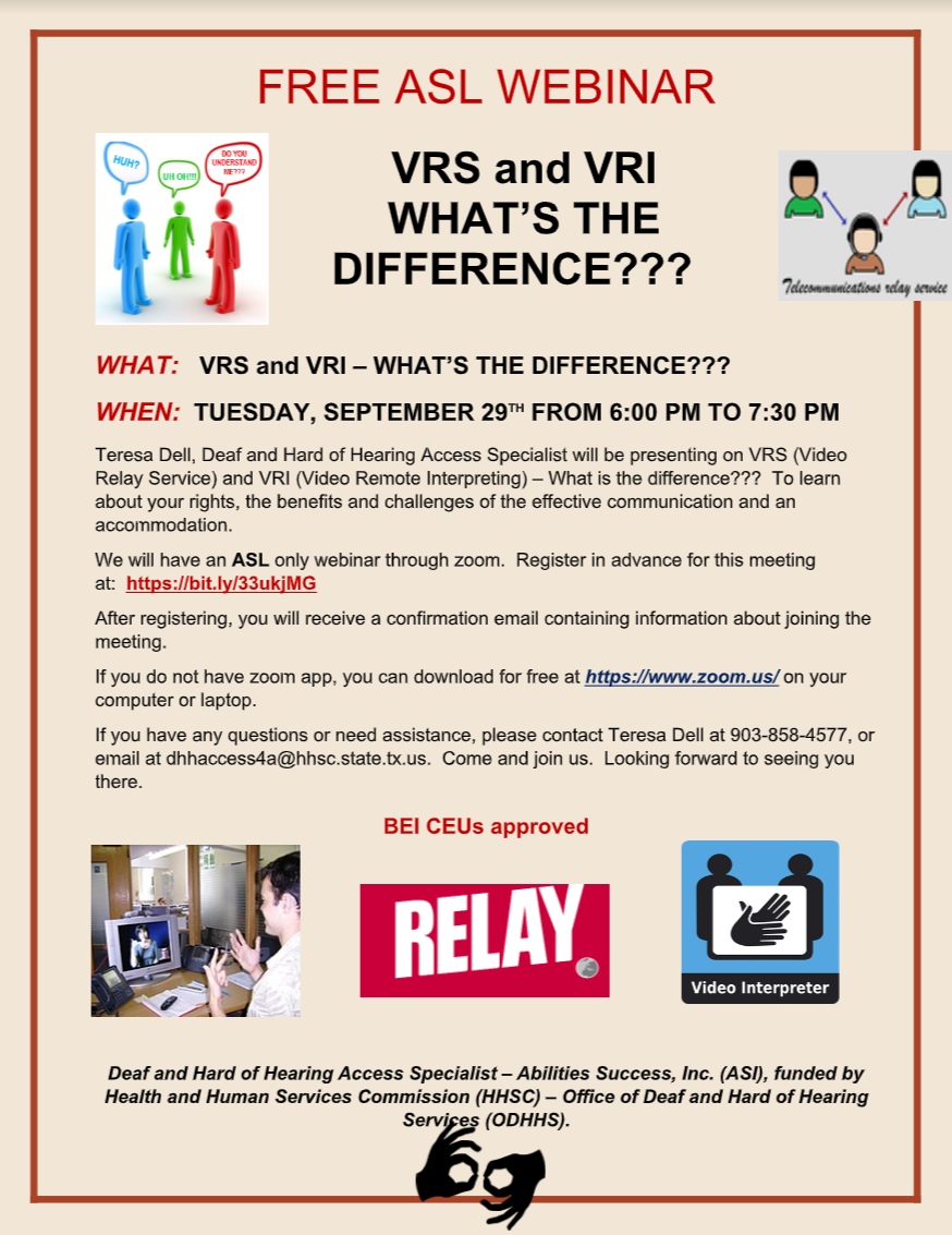 VRS and VRI: What’s difference? Webinar 9/29/2020 – Deaf Network of Texas