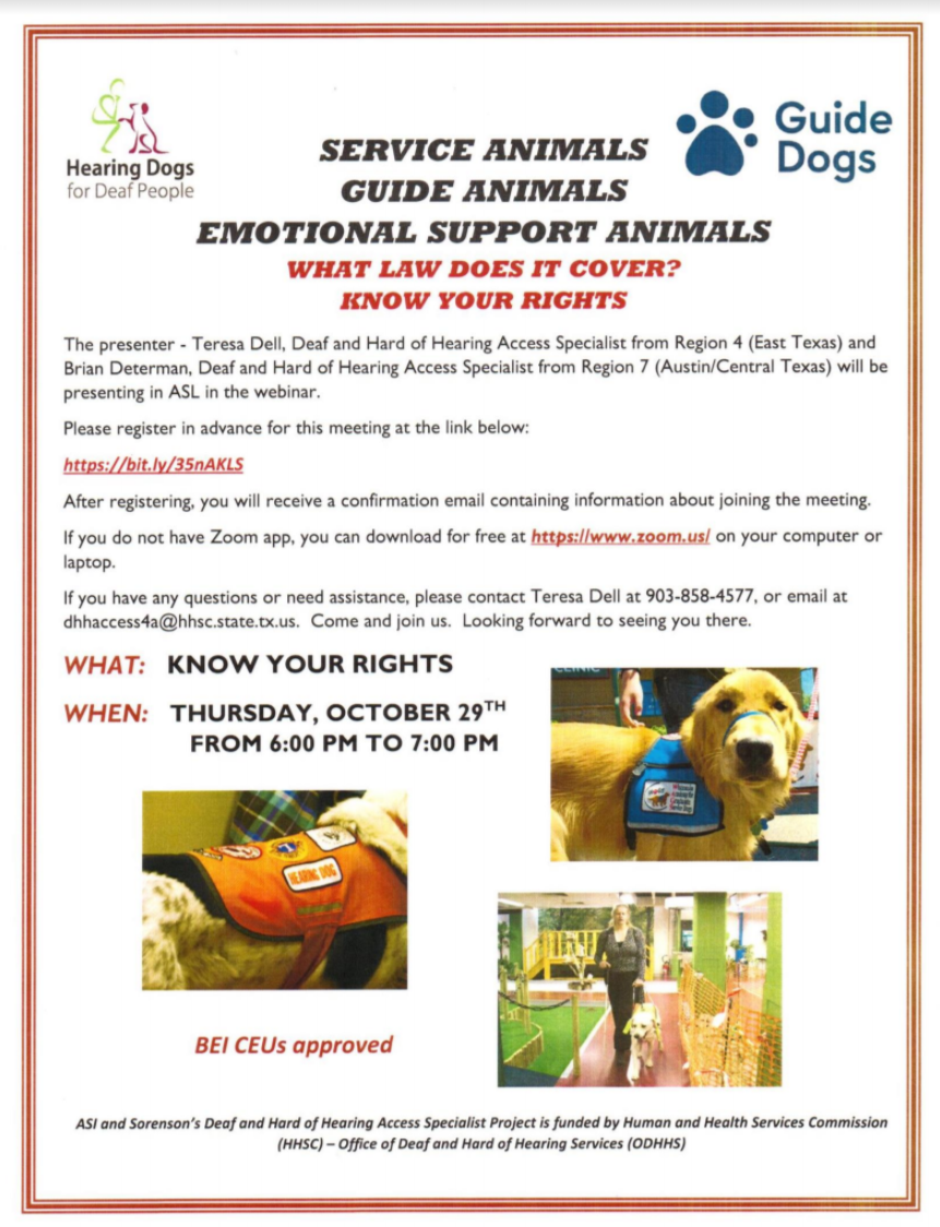 Webinar: Service Animals Guide 10/29/2020 – Deaf Network of Texas