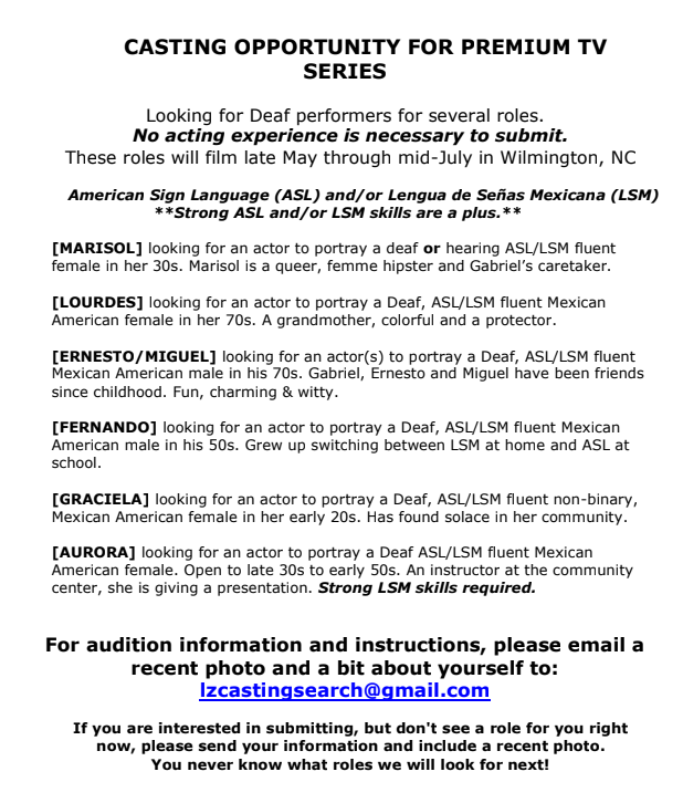 Casting Opportunity for Premium TV series: Deaf Performers Wanted with ...