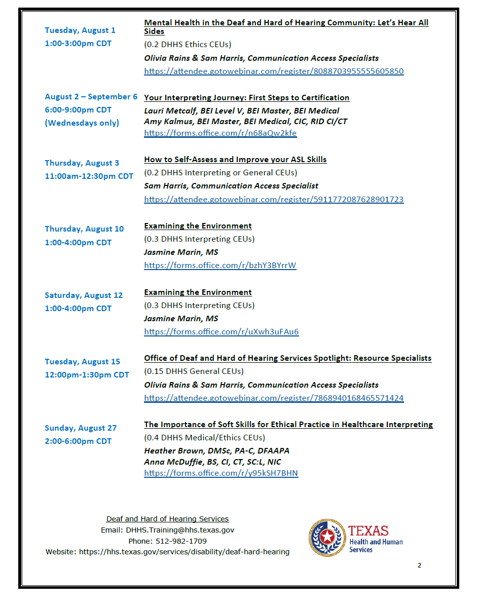 Summer 2023 Training Schedule offered by the Deaf and Hard of Hearing ...