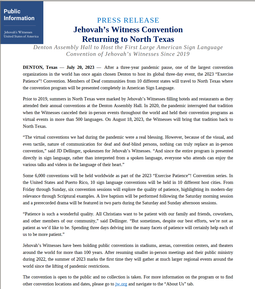 PRESS RELEASE: Jehovah’s Witness Convention Returning to North Texas ...