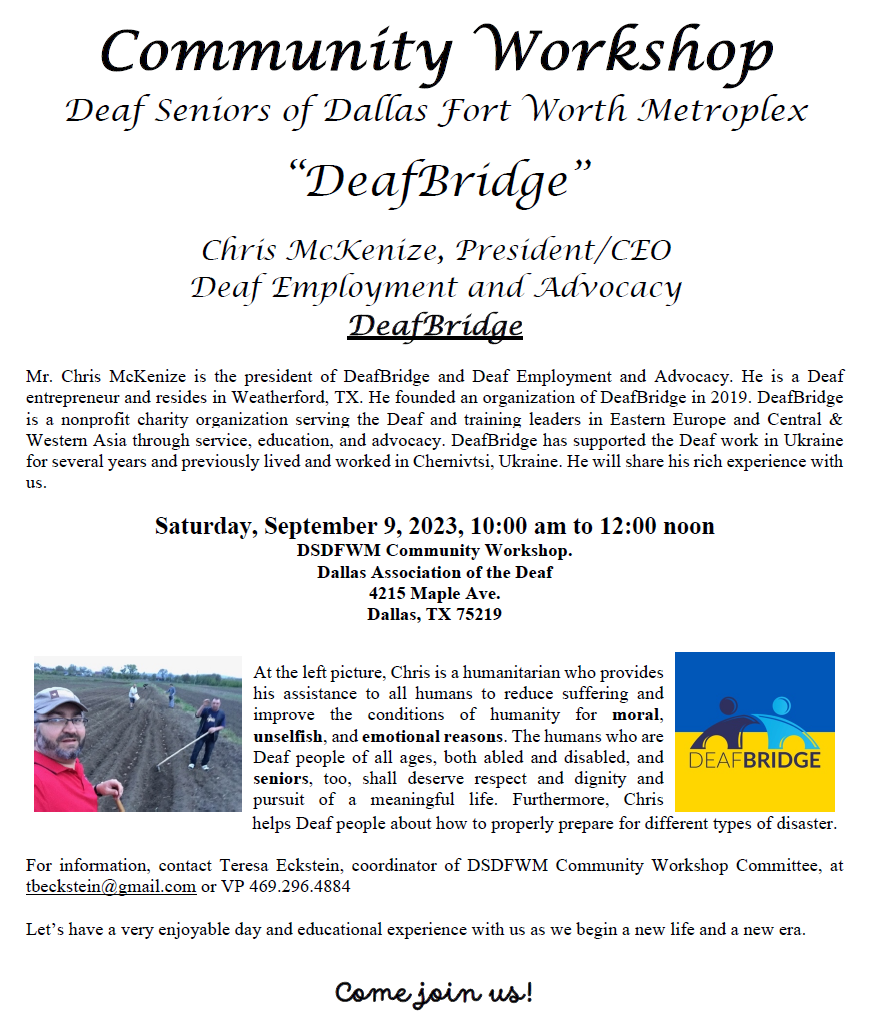 Community Workshop: DeafBridge at Dallas Deaf Club 9/9/2023 – Deaf ...