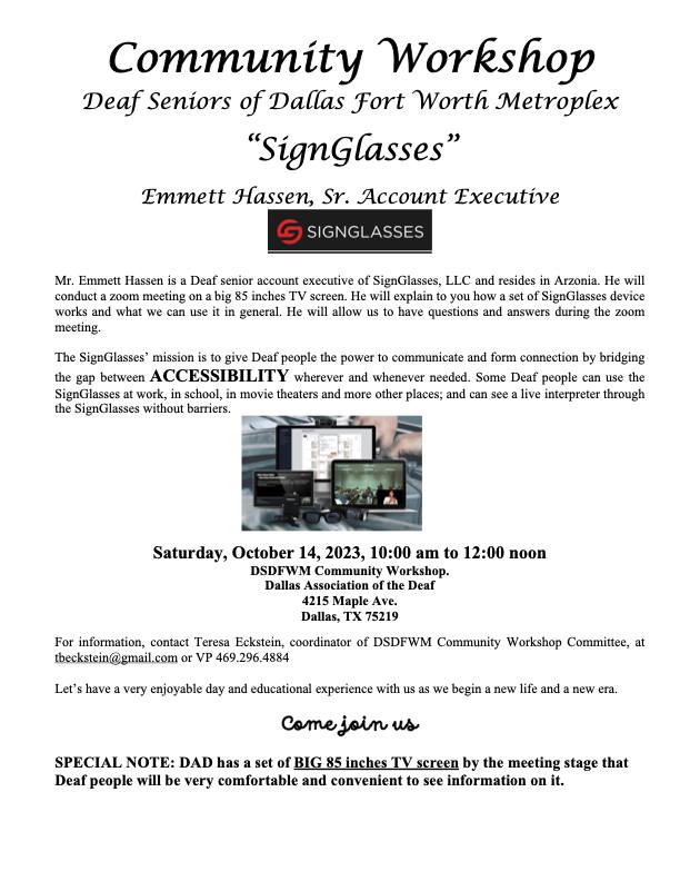 Community Workshop: SignGlasses at Dallas Deaf Club 10/14/2023 – Deaf ...
