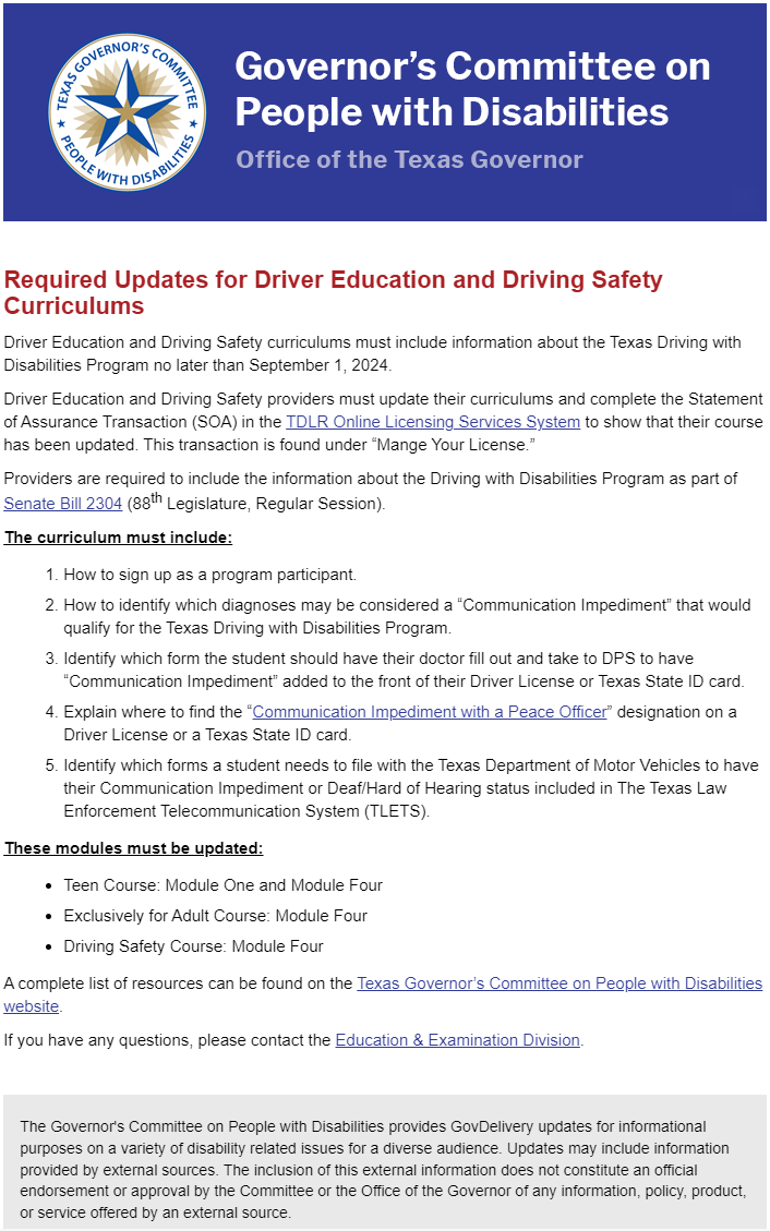 Information Relating to the Texas Driving with Disabilities Program ...