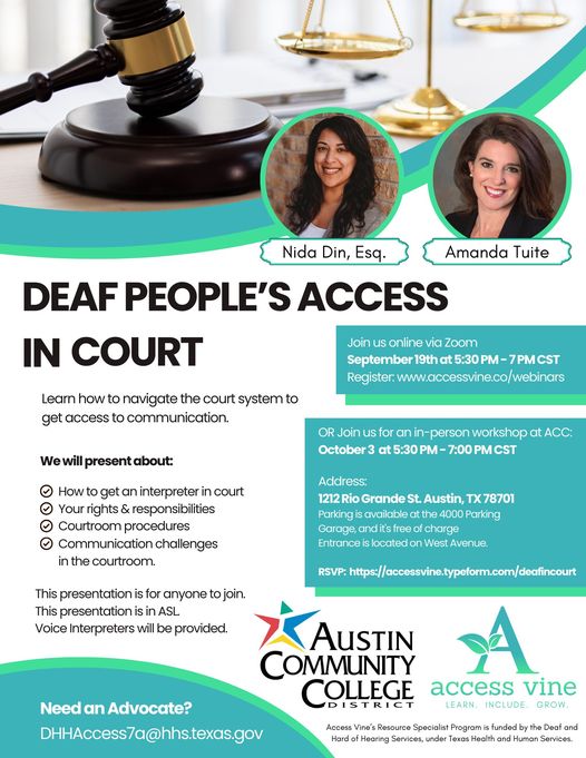 Deaf People’s Access in Court: Webinar 9/19/2024 & In person 10/3/2024 ...