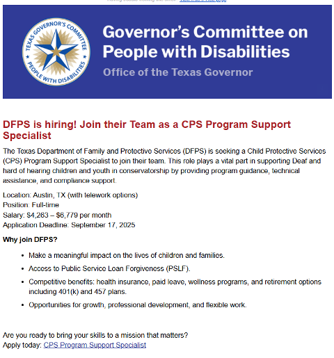 DFPS is hiring! Join their Team as a CPS Program Support Specialist ...