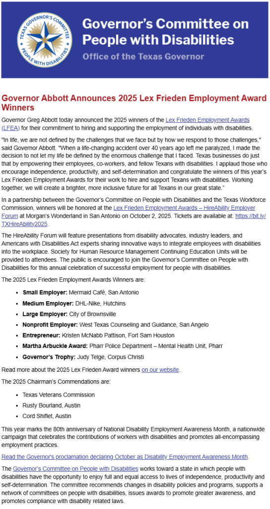 Governor Abbott Announces 2025 Lex Frieden Employment Award Winners ...