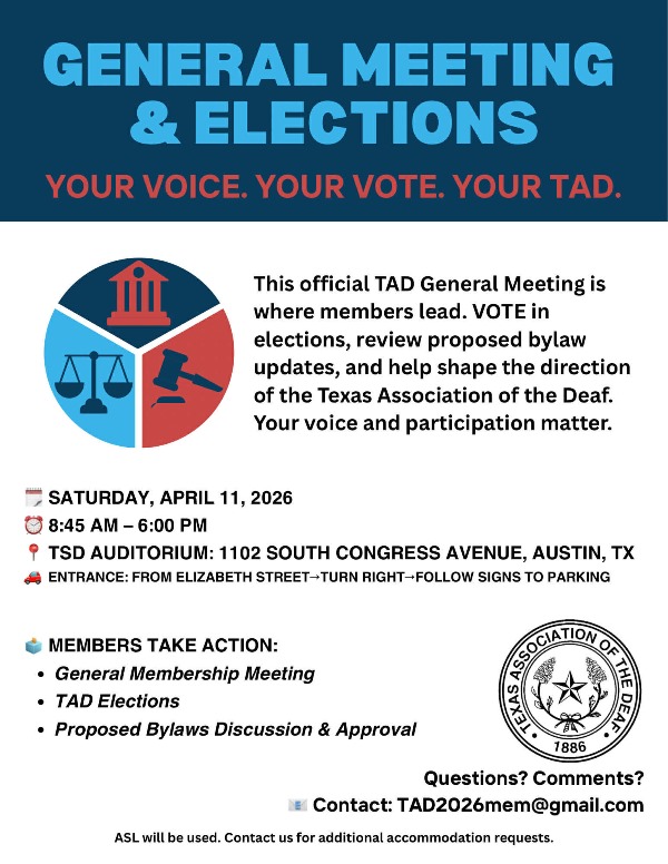 TAD General Meeting & Elections 4/11/2026 – Austin – Deaf Network of Texas