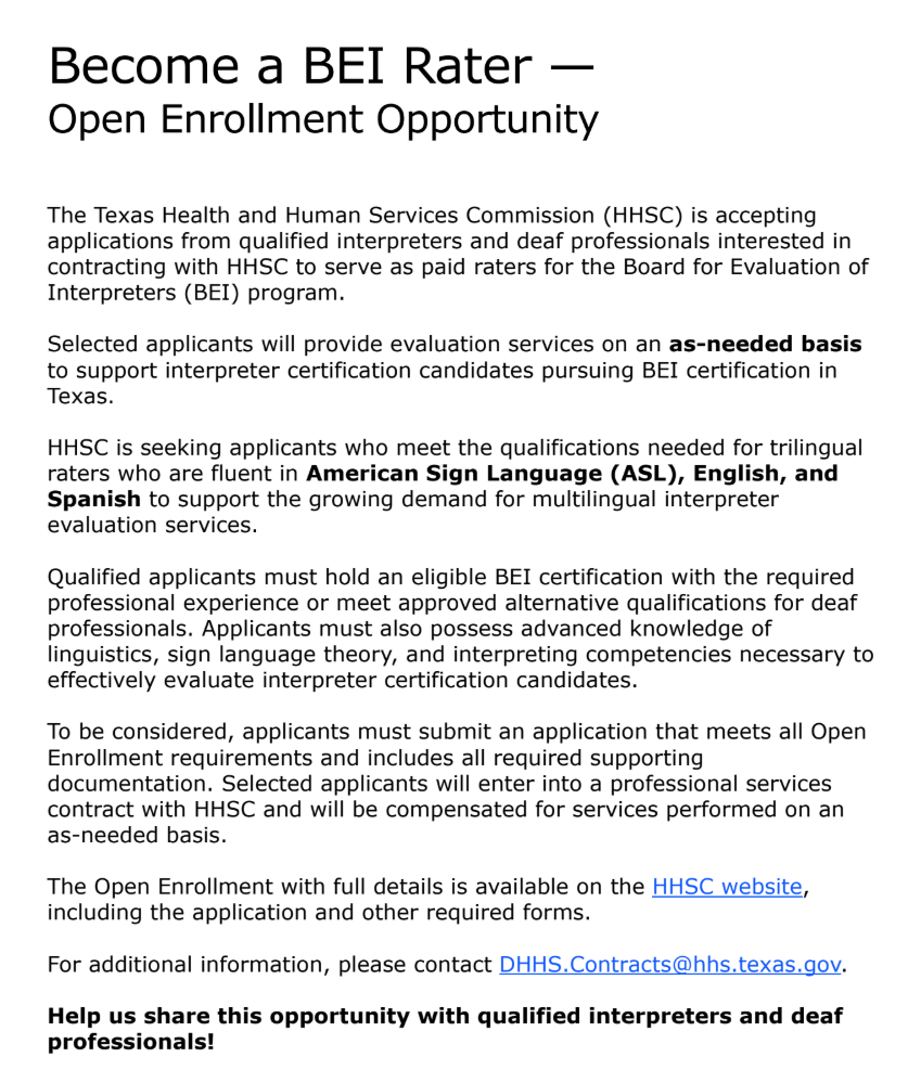 Become a BEI Rater — Open Enrollment Opportunity – Deaf Network of Texas